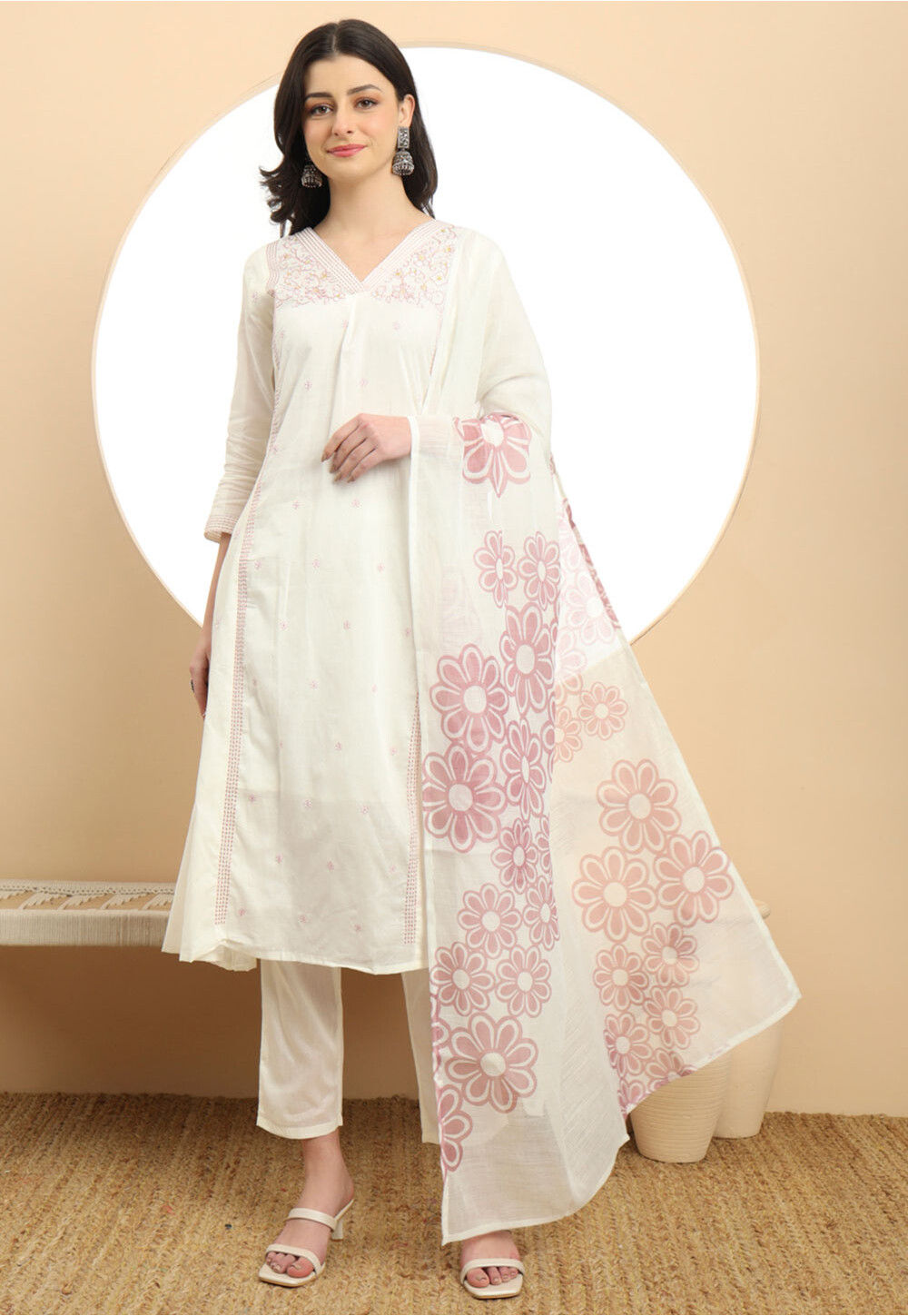 Buy Embroidered Pure Cotton A Line Suit in Off White Online : KJL2157 ...