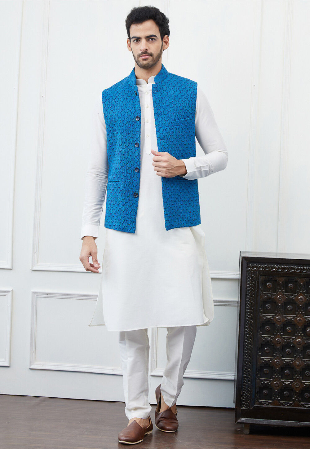 Buy Embroidered Pure Cotton Nehru Jacket in Blue Online : MEE1936 ...