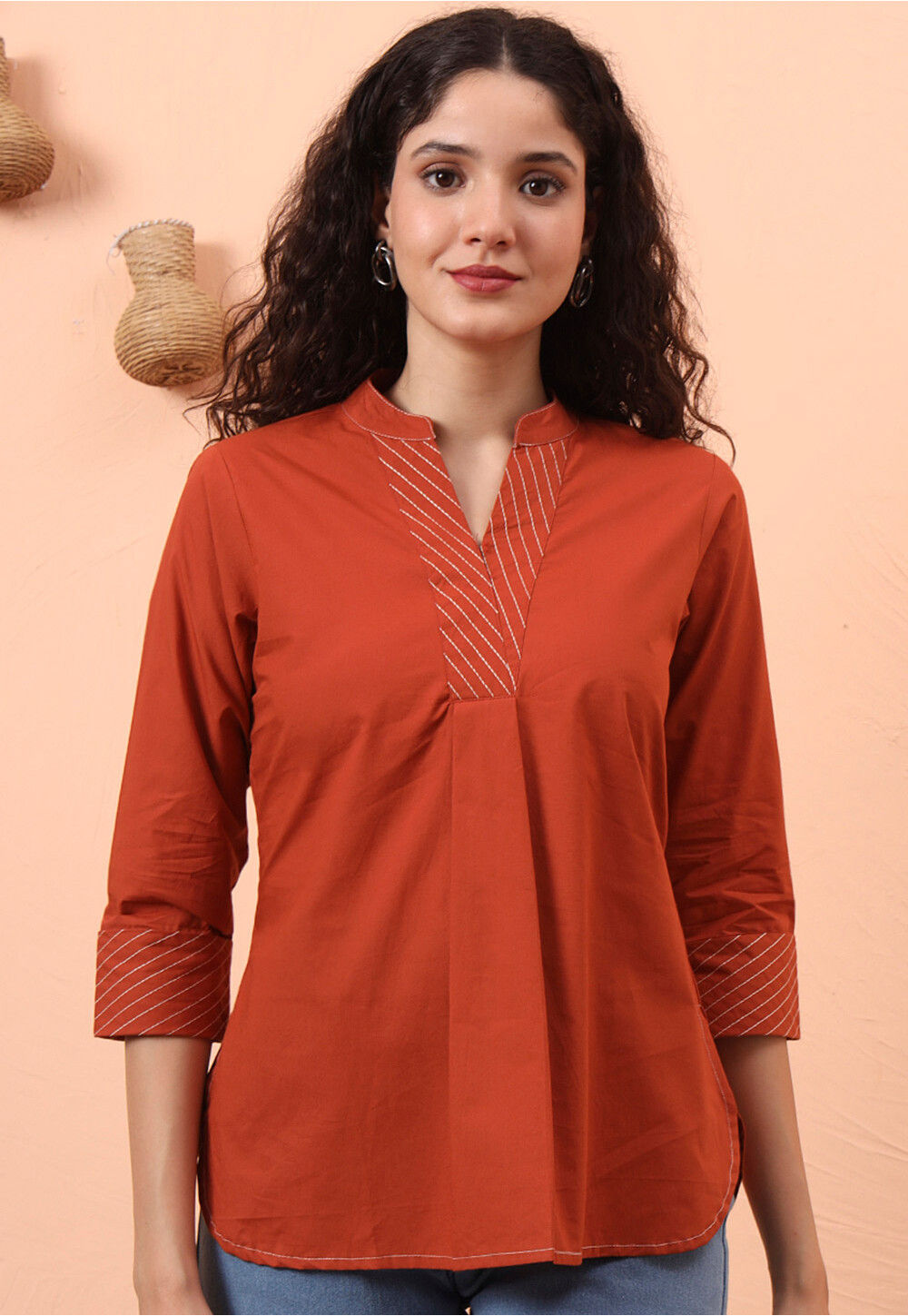 Buy Embroidered Pure Cotton Top in Orange Online : TXR1414 - Utsav Fashion