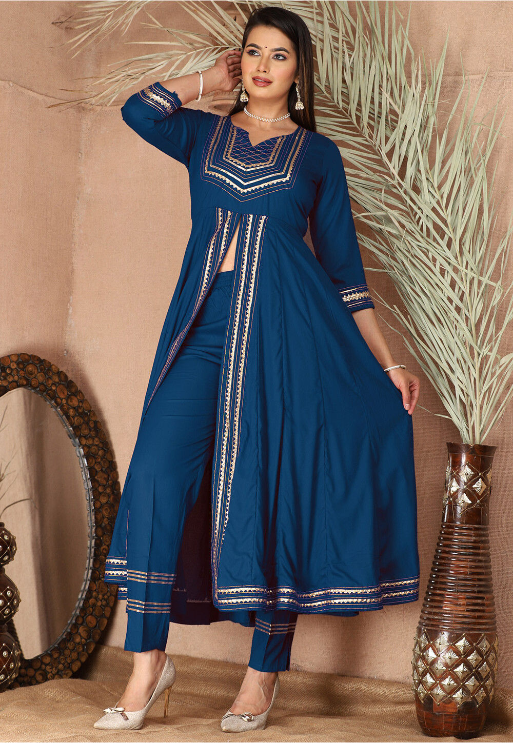 Buy Embroidered Pure Rayon Front Slit Anarkali Suit in Blue Online ...