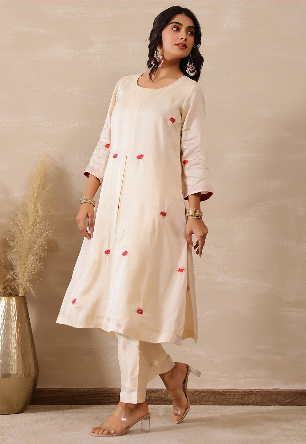Buy Embroidered Pure Silk A Line Kurta Set in Off White Online : TRL78 ...
