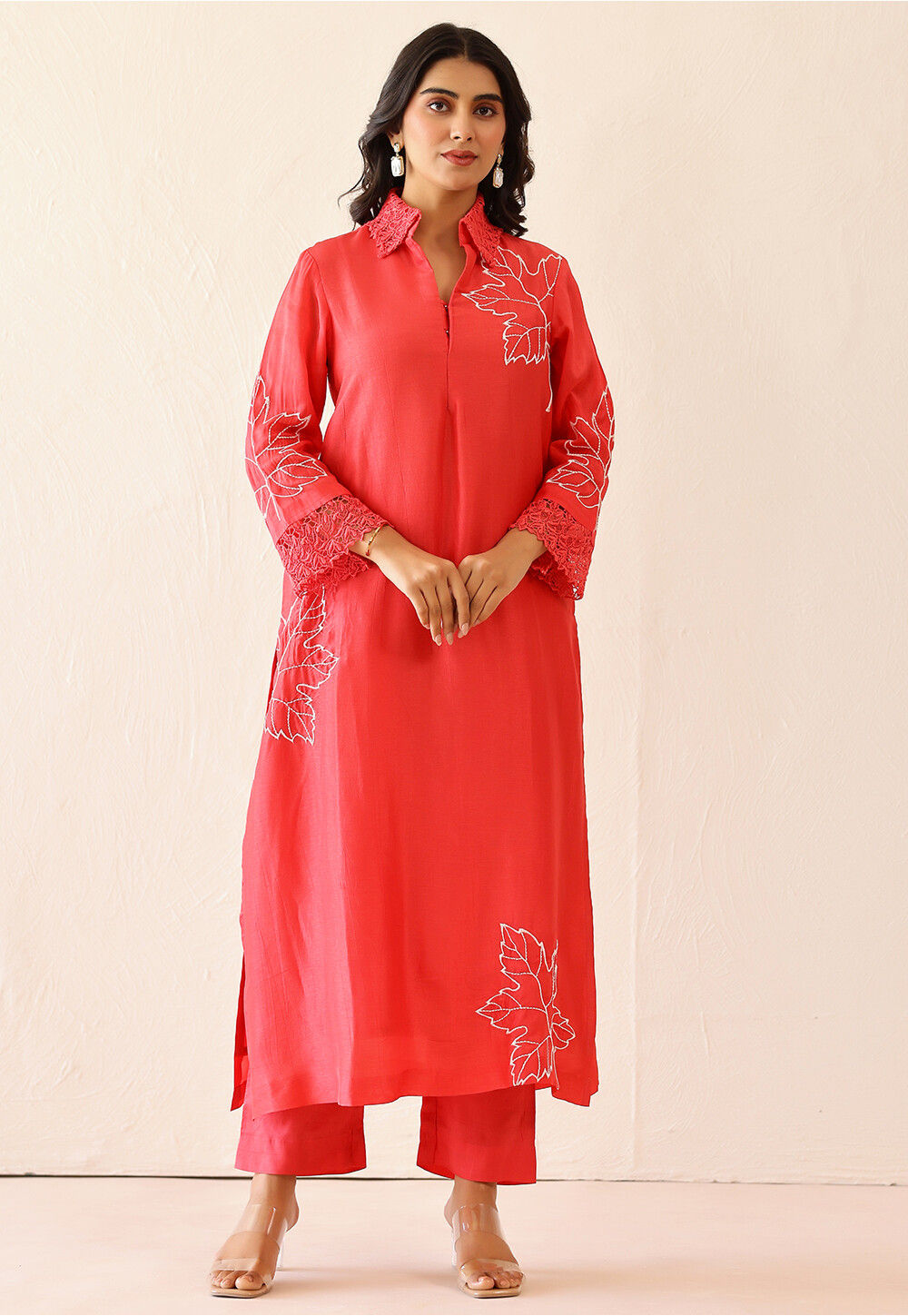 Buy Embroidered Pure Silk A Line Kurta Set in Peach Online : TRL72 ...