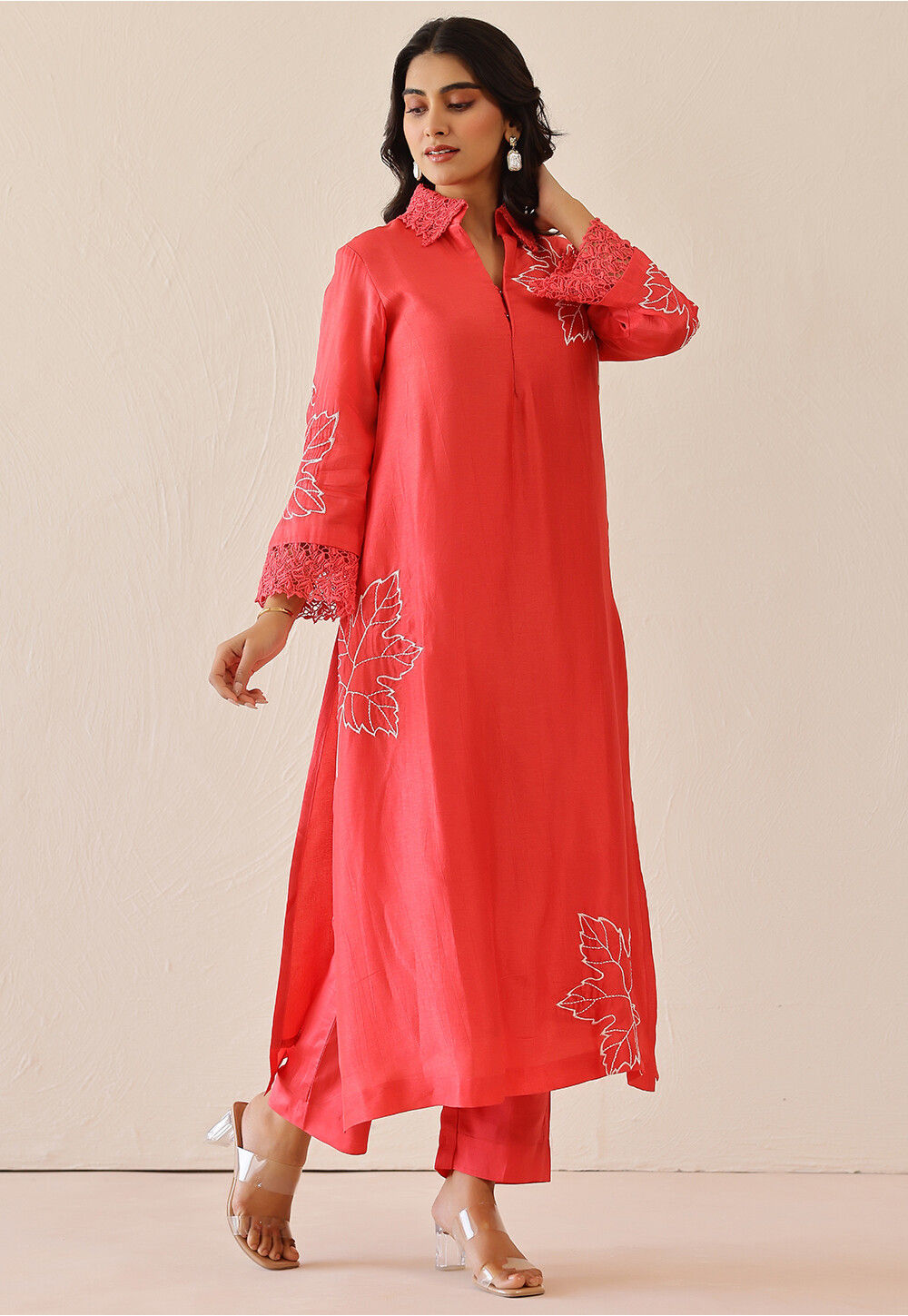 Buy Embroidered Pure Silk A Line Kurta Set in Peach Online : TRL72 ...