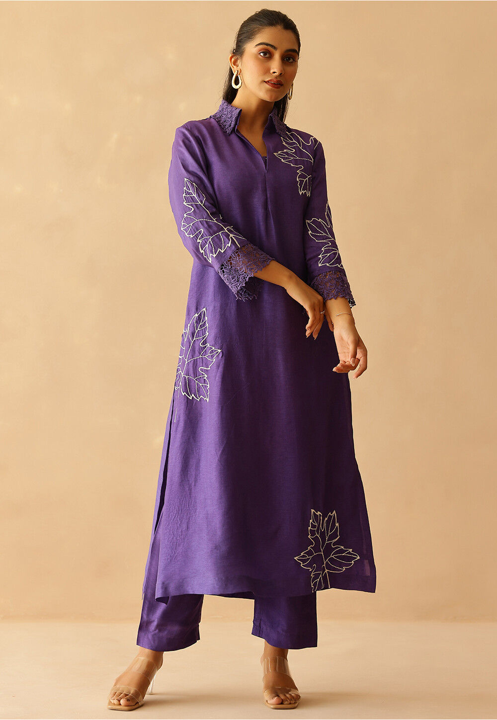 Buy Embroidered Pure Silk A Line Kurta Set in Purple Online : TRL71 ...