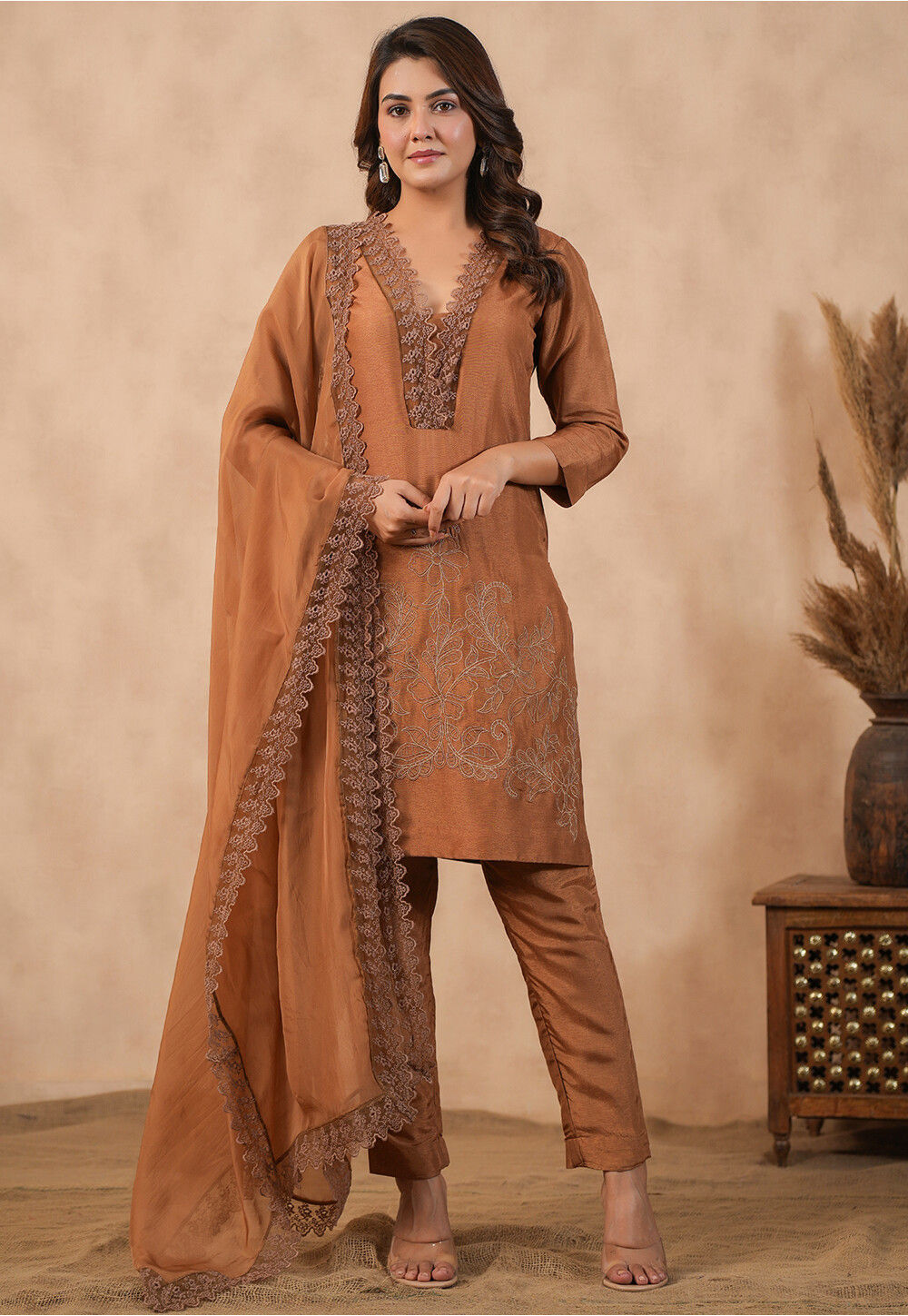 Buy Embroidered Pure Silk Pakistani Suit in Brown Online : KJY908 ...