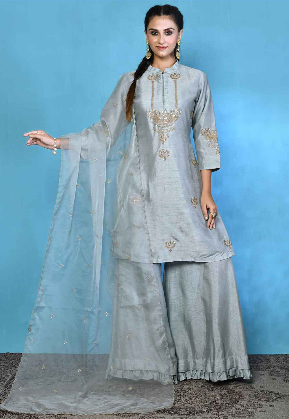 Buy Embroidered Pure Silk Pakistani Suit in Grey Online : KFH104 ...