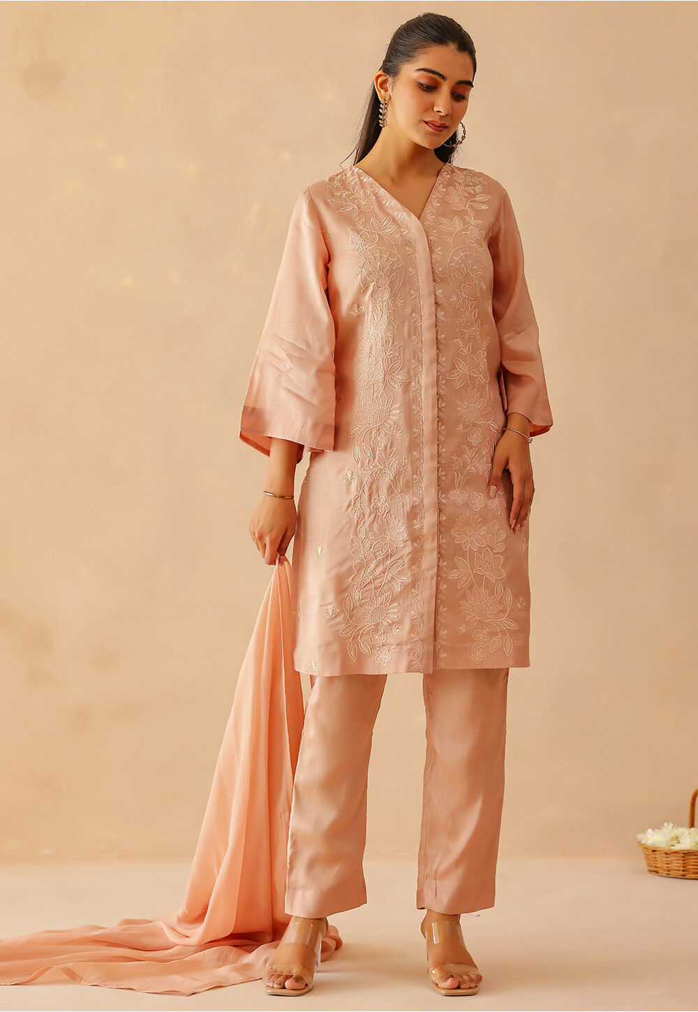 Buy Embroidered Pure Silk Pakistani Suit in Peach Online : KJY914 ...