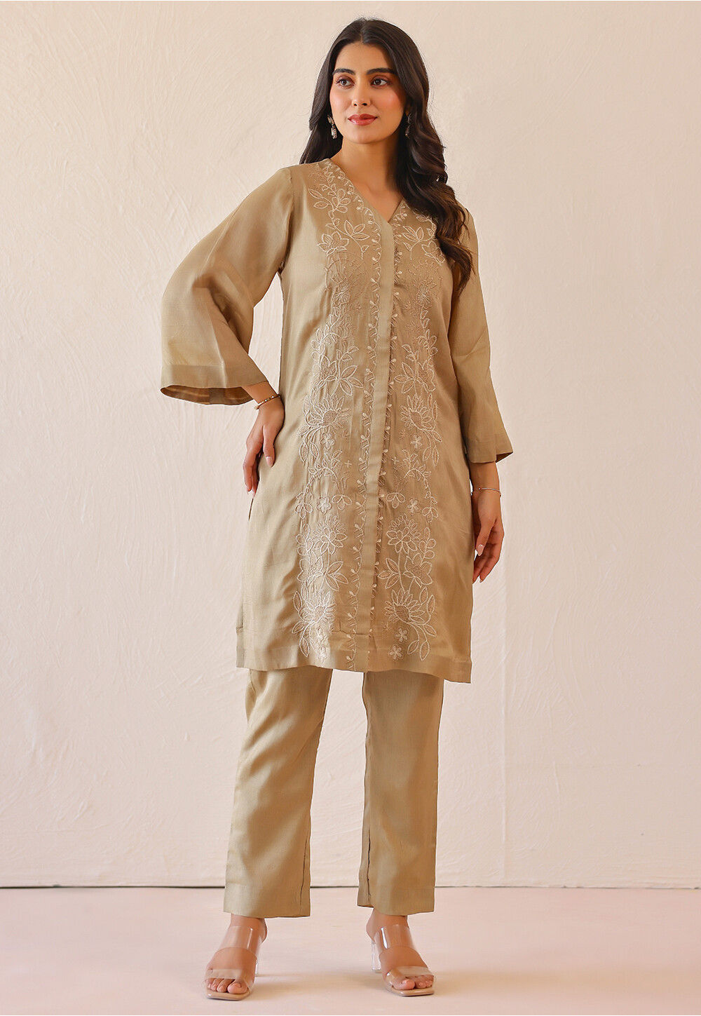 Buy Embroidered Pure Silk Straight Kurti Set in Beige Online : TRL82 ...