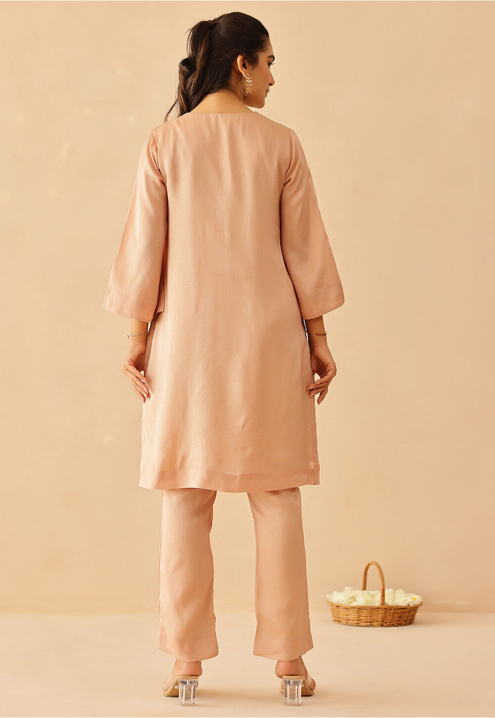 Buy Embroidered Pure Silk Straight Kurti Set in Peach Online : TRL81 ...