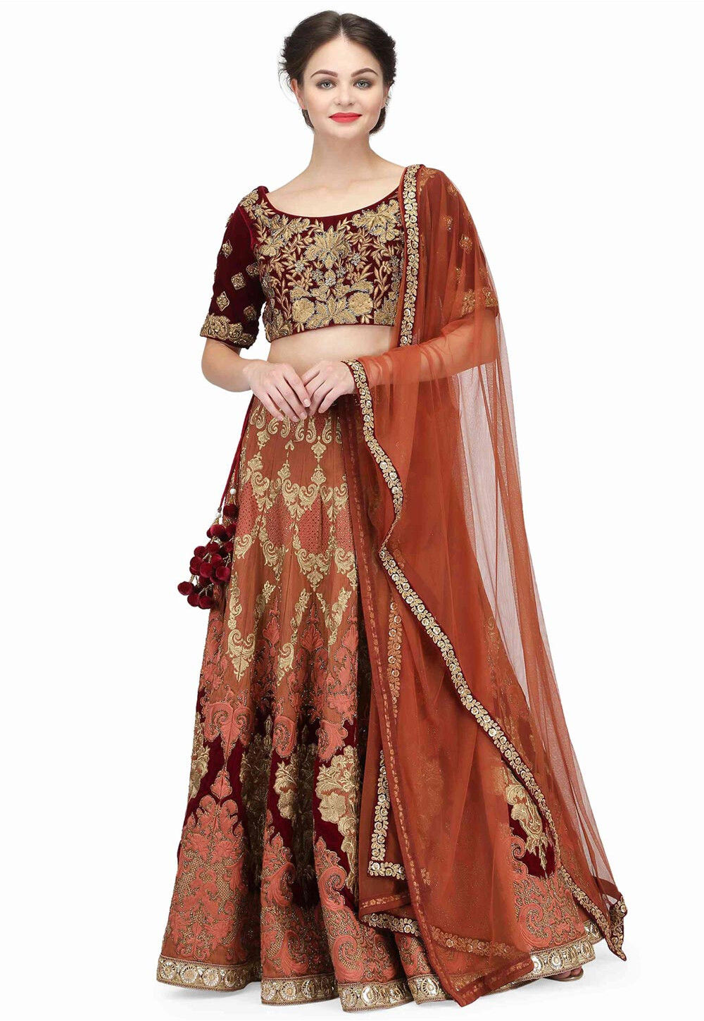 Buy Embroidered Raw Silk Lehenga in Rust Online : LDU113 - Utsav Fashion