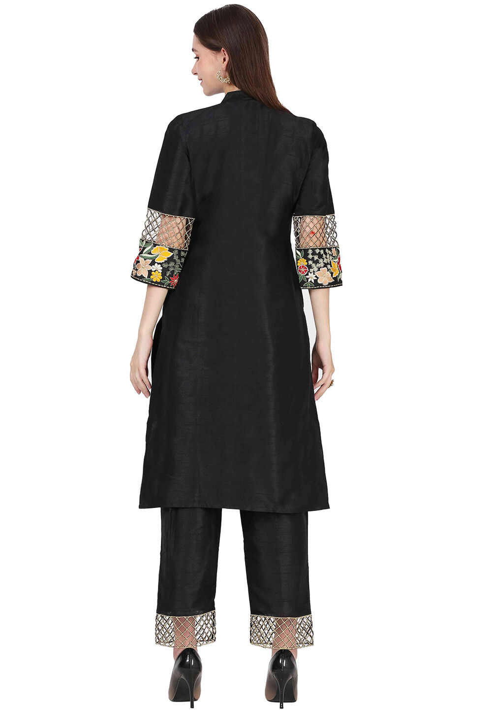 Buy Embroidered Raw Silk Straight Kurta Set in Black Online : TPW343 ...