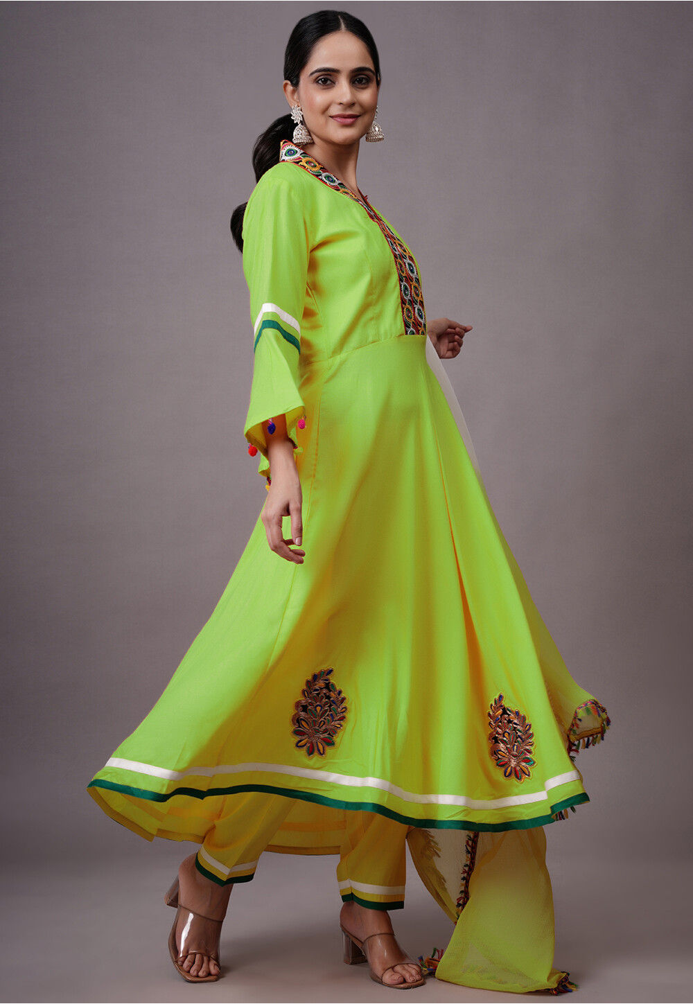 Buy Embroidered Rayon Aline Suit in Light Olive Green Online : KUR766 ...