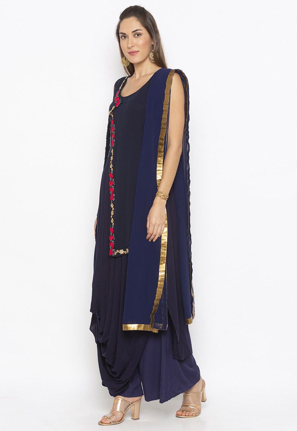 Buy Embroidered Rayon Cowl Jacket Style Pakistani Suit in in Navy Blue ...