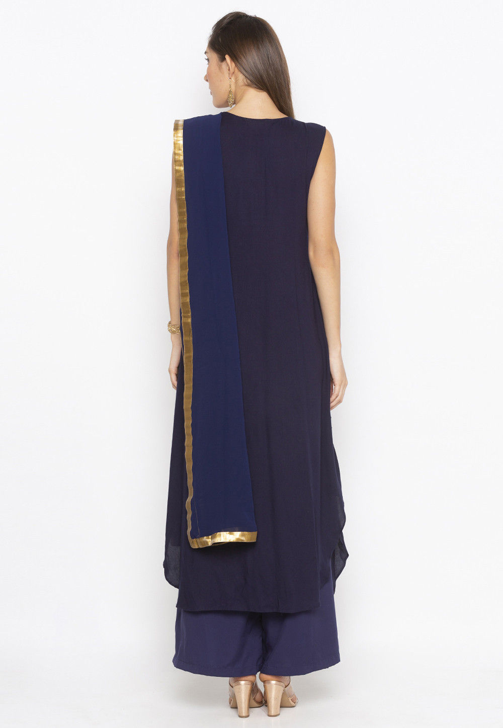 Buy Embroidered Rayon Cowl Jacket Style Pakistani Suit in in Navy Blue ...