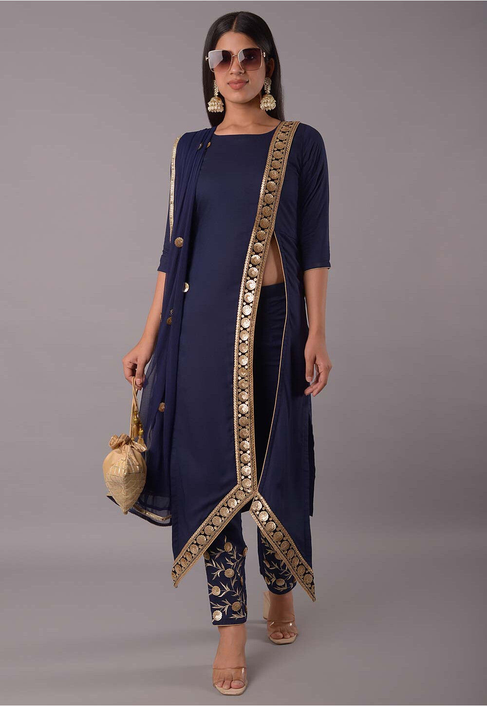 Buy Embroidered Rayon Front Slit Pakistani Suit in Navy Blue Online ...