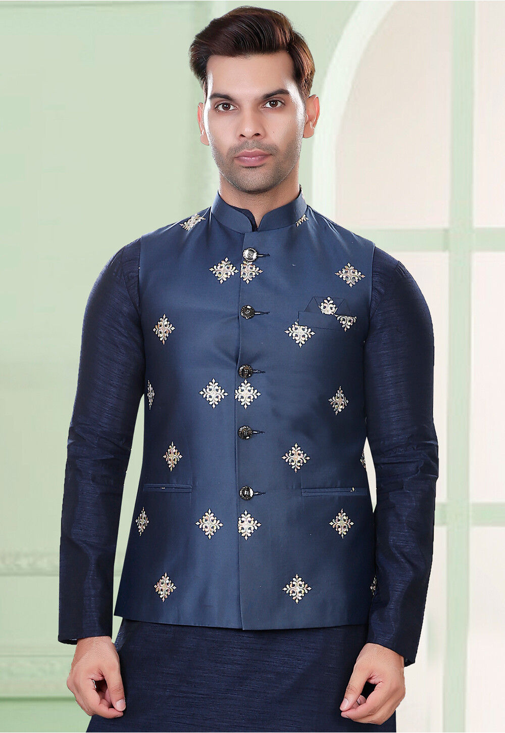 Buy Embroidered Rayon Nehru Jacket in Navy Blue Online : MHG2429 ...