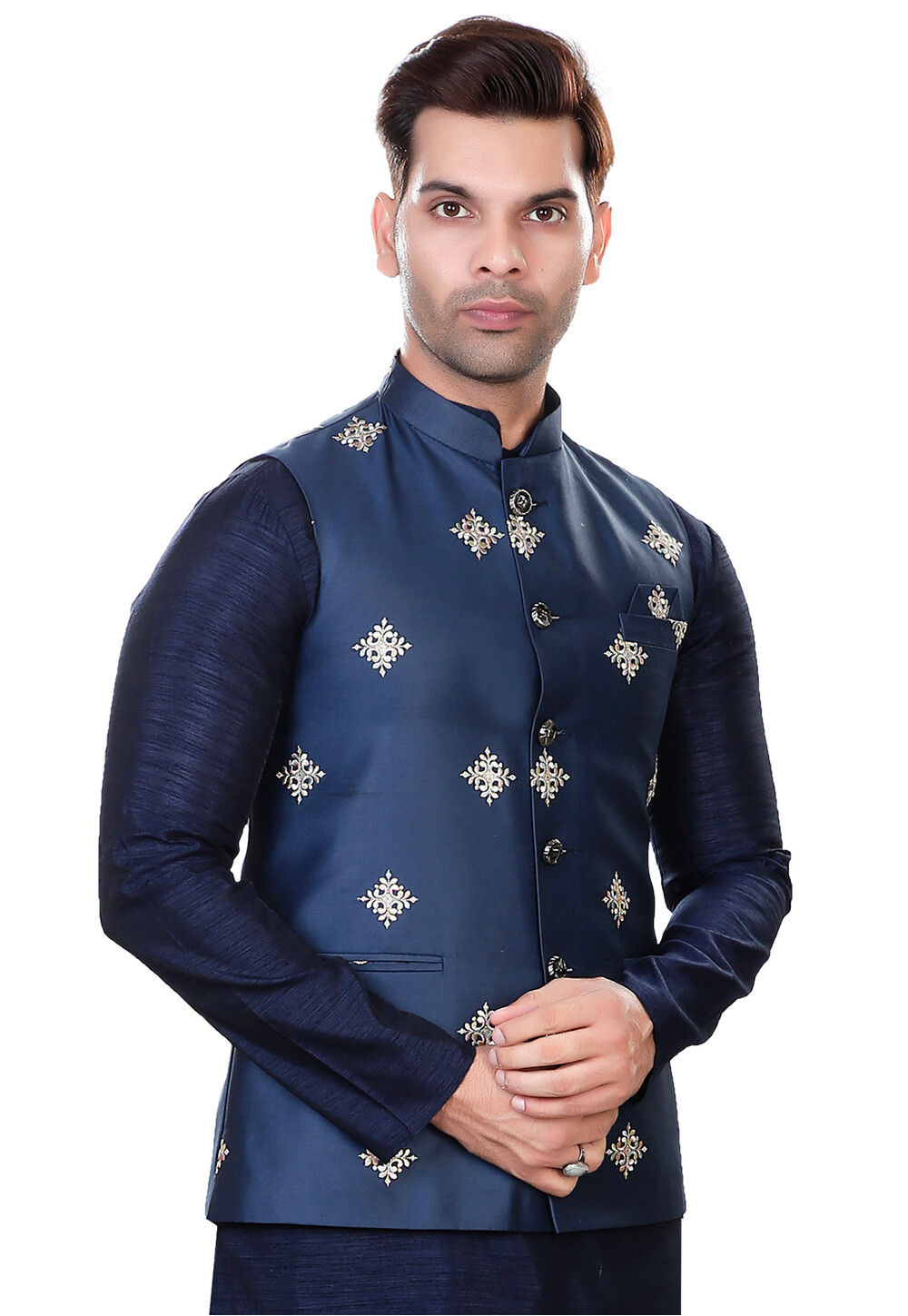 Buy Embroidered Rayon Nehru Jacket in Navy Blue Online : MHG2429 ...