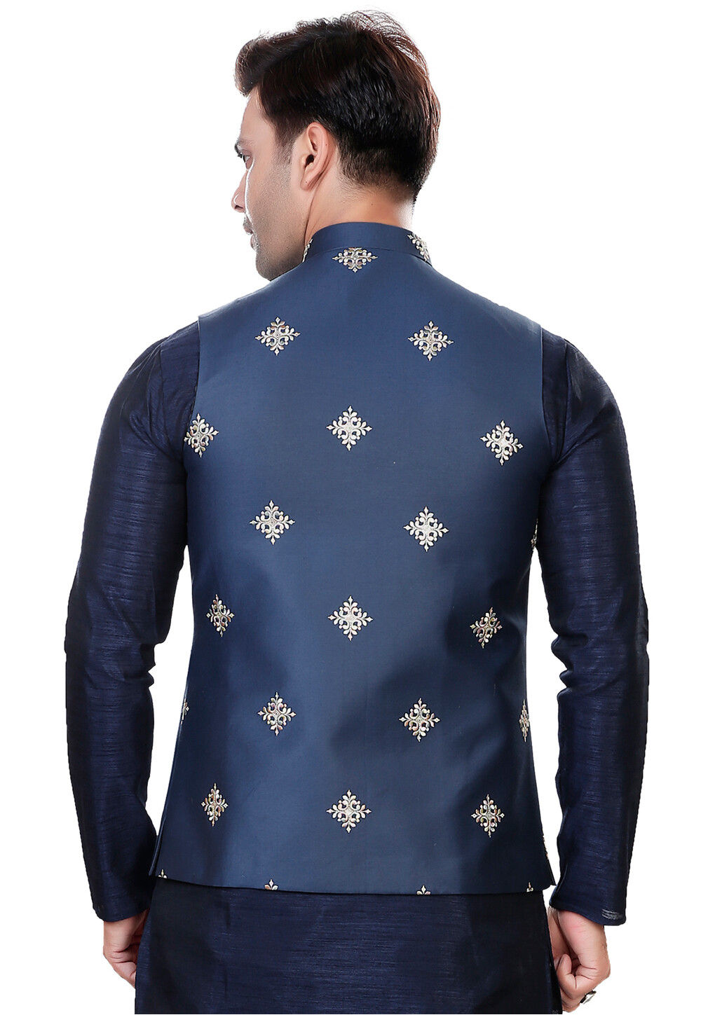 Embroidered Rayon Nehru Jacket in Navy Blue : MHG2429