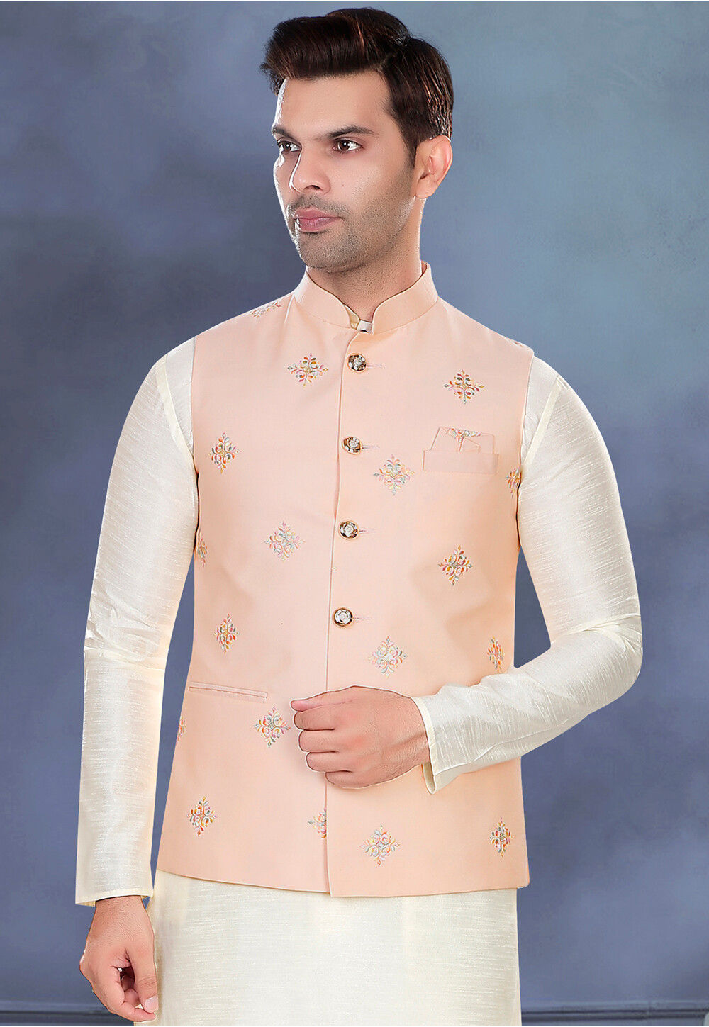 Buy Embroidered Rayon Nehru Jacket in Peach Online : MHG2431 - Utsav ...