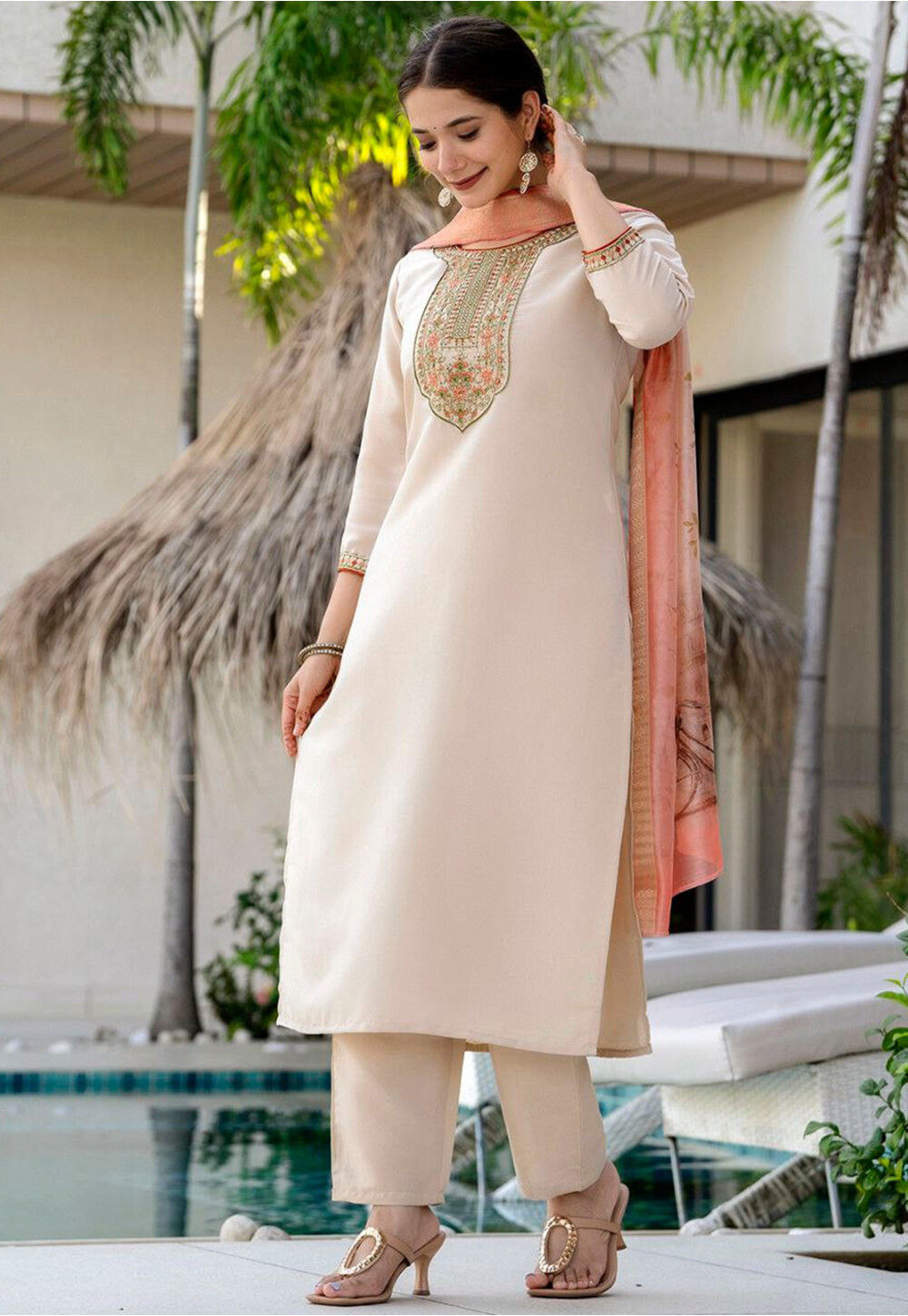 Buy Embroidered Rayon Pakistani Suit in Off White Online : KQU5489 ...