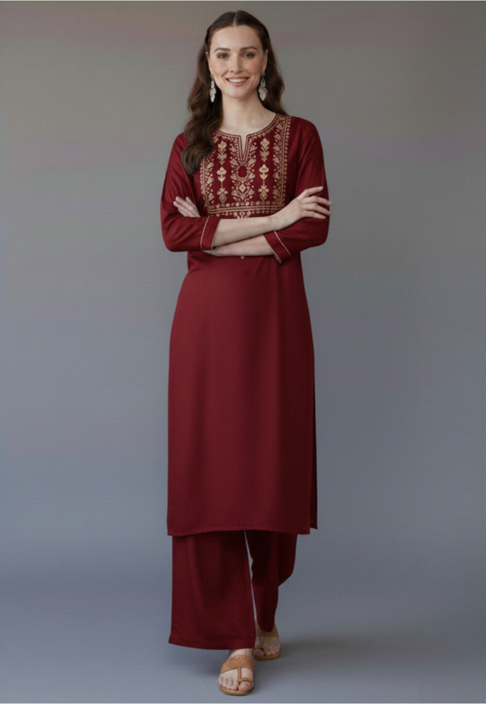 Buy Embroidered Rayon Straight Kurta Set in Maroon Online : TDW294 ...
