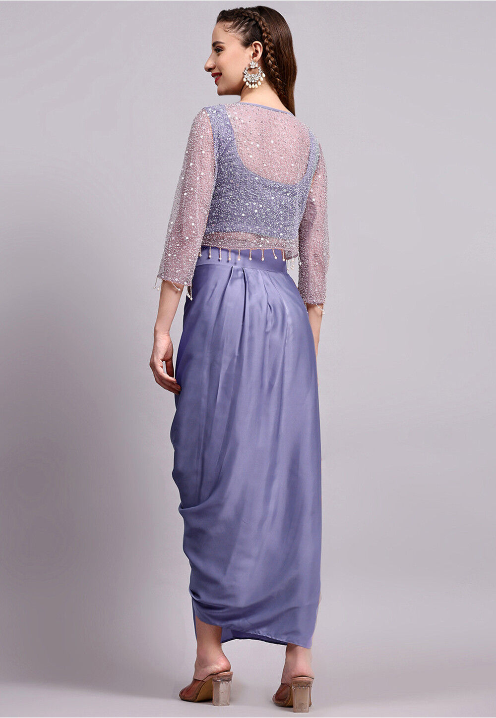 Buy Embroidered Satin Georgette Crop Top set in Dusty Blue Online ...