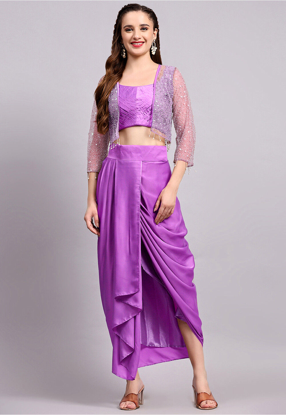 Embroidered Satin Georgette Crop Top set in Light Purple : TBN71