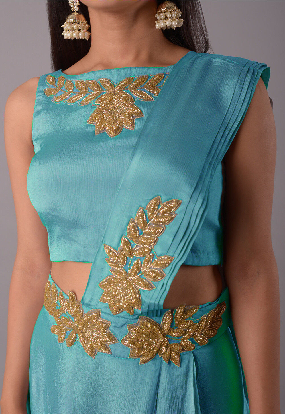 Buy Embroidered Satin Georgette Crop Top Set in Sky Blue Online ...