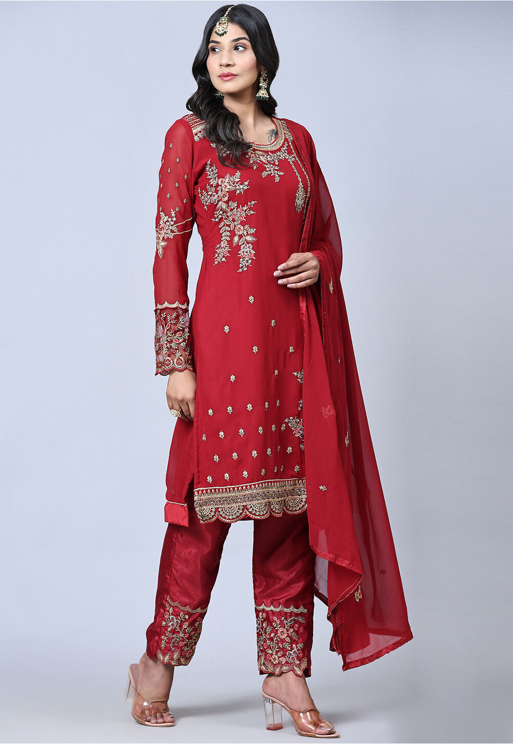 Embroidered Satin Georgette Pakistani Suit in Red : KRY1479