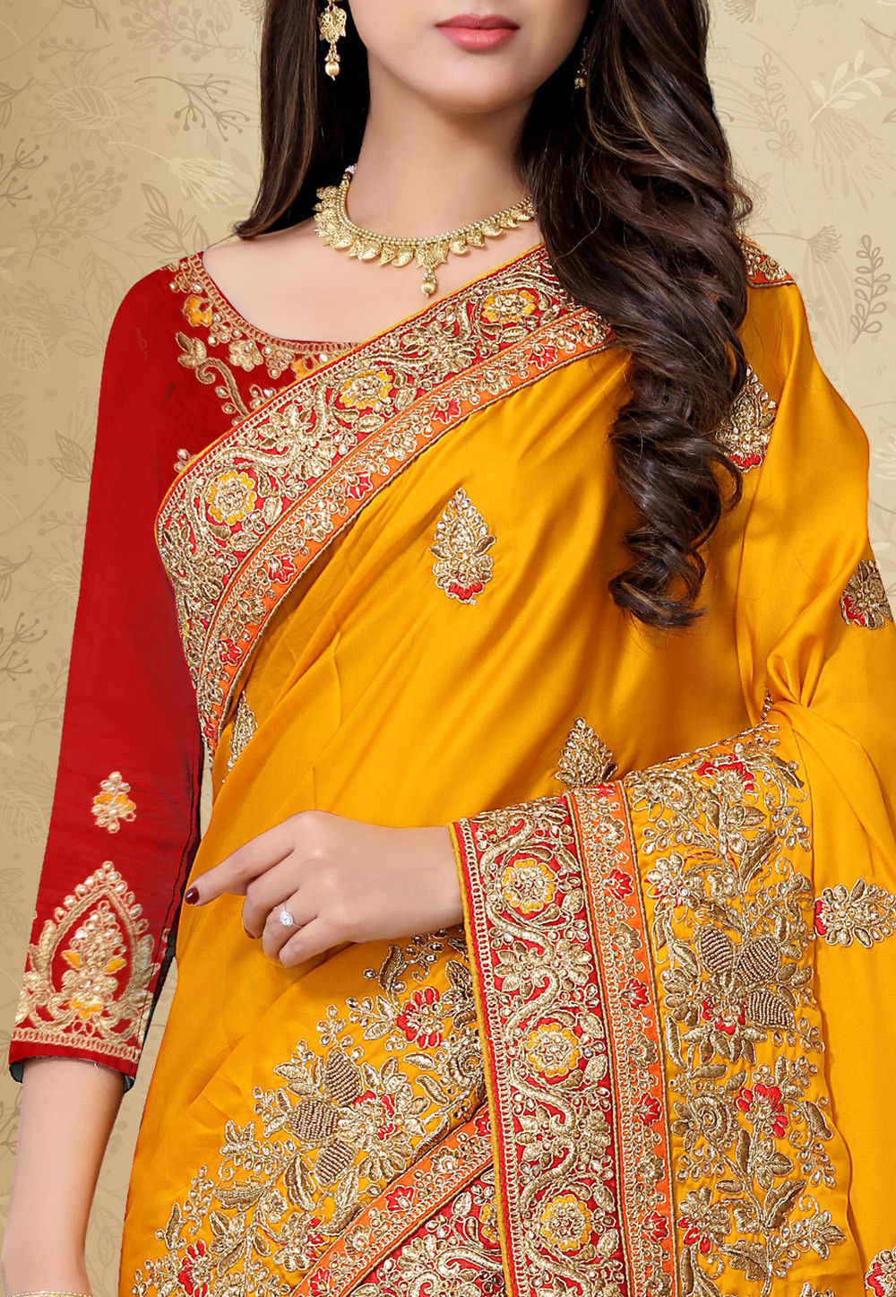 Buy Embroidered Satin Georgette Saree in Mustard Online : SCBA1481 ...