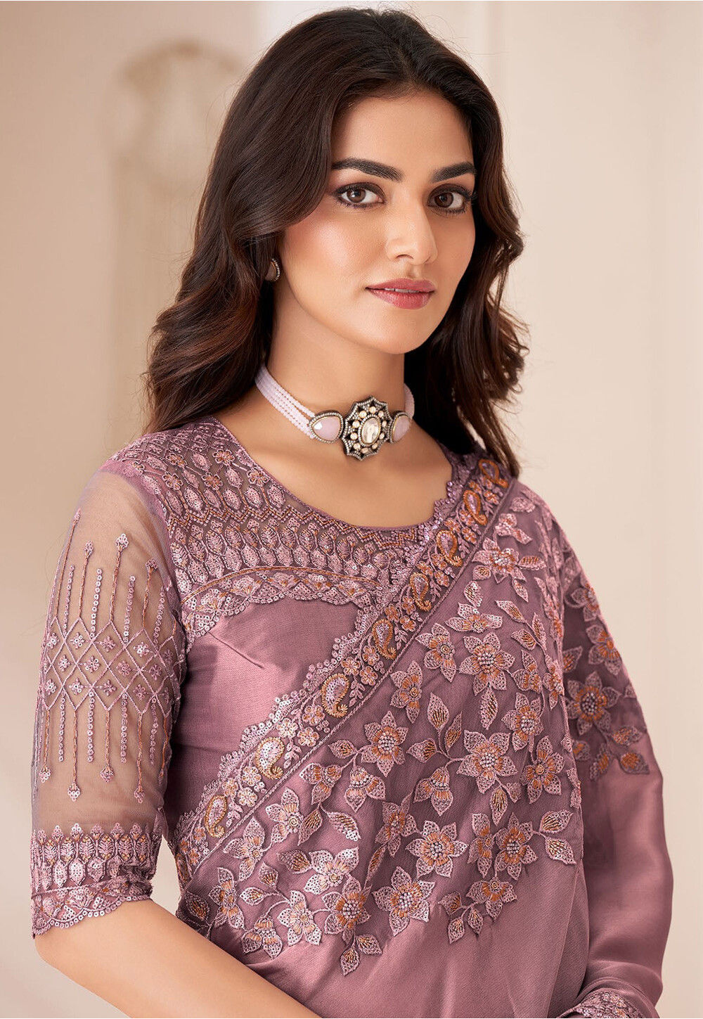 Buy Embroidered Satin Georgette Scalloped Saree in Pink Online ...