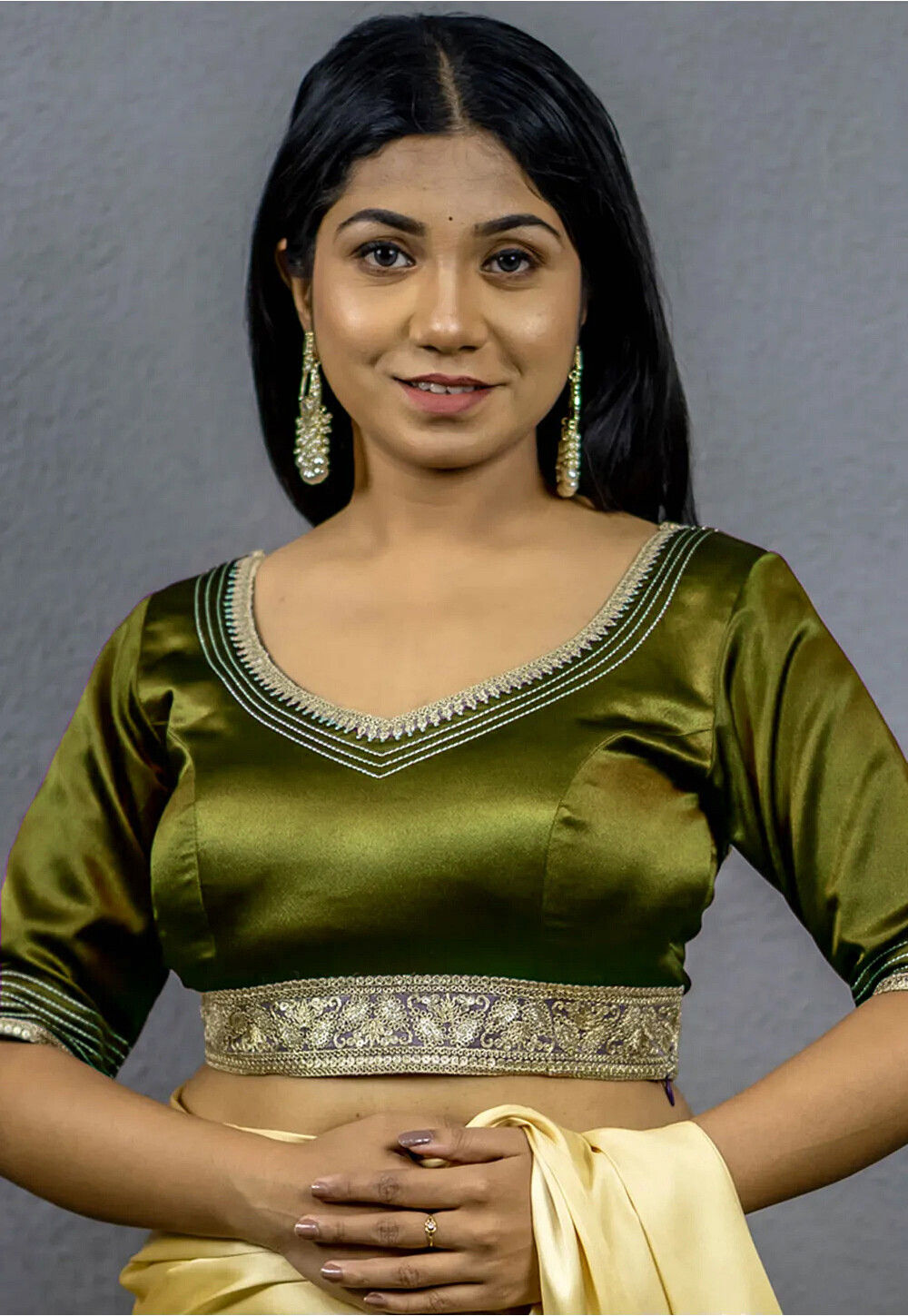 Embroidered Satin Princess Cut Blouse in Olive Green : UAC420