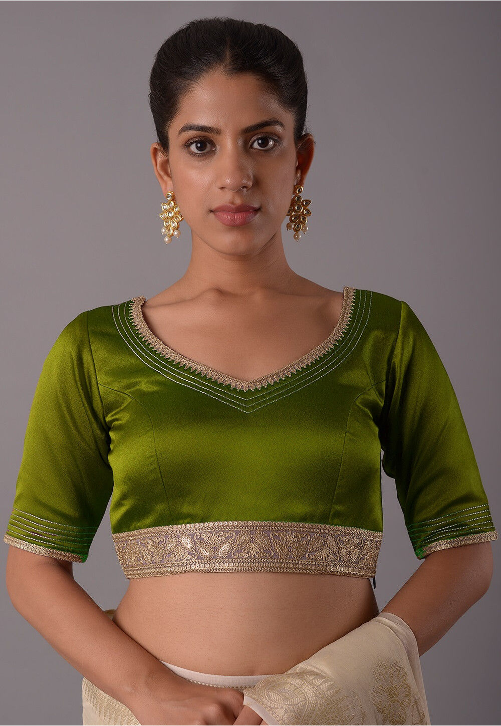 Buy Embroidered Satin Princess Cut Blouse in Olive Green Online ...