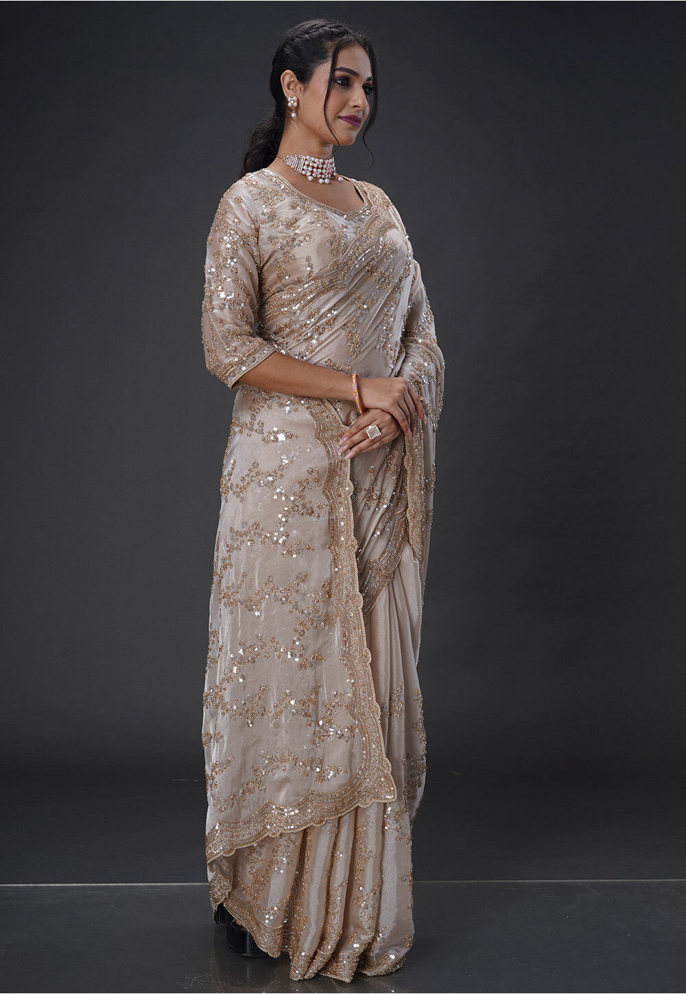 Buy Embroidered Satin Scalloped Saree in Beige Online : SRHA61 - Utsav ...