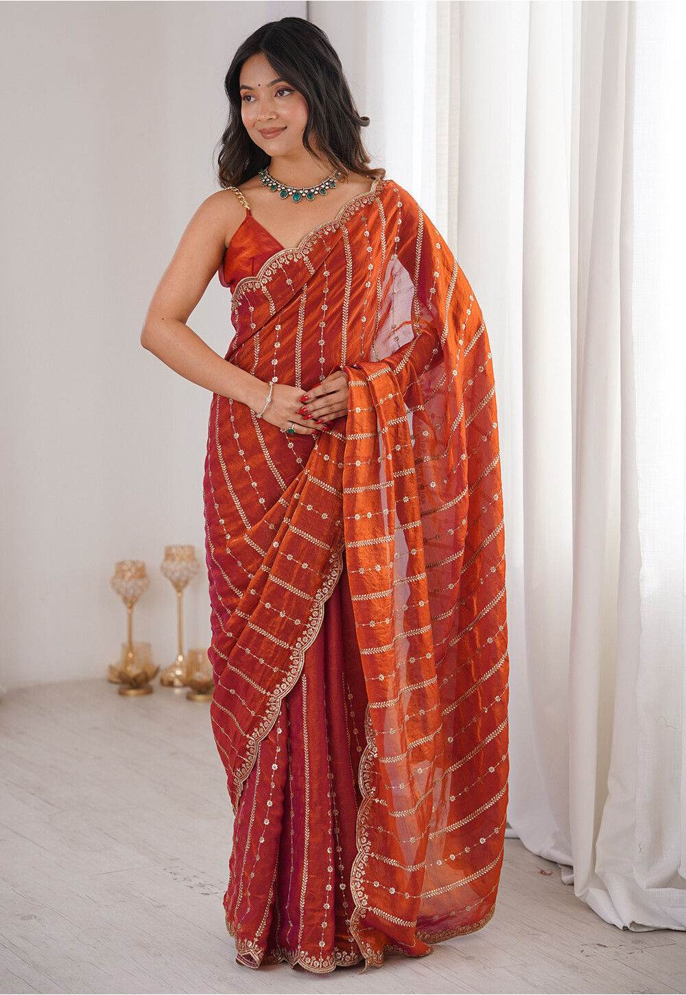 Buy Embroidered Satin Scalloped Saree in Orange Online : SPF18695 ...