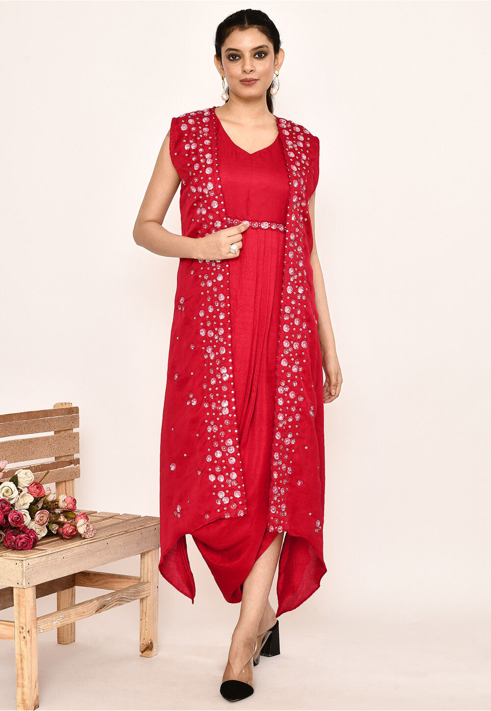 Buy Embroidered Satin Silk Cowl Style Dress in Red Online : TPK103 ...