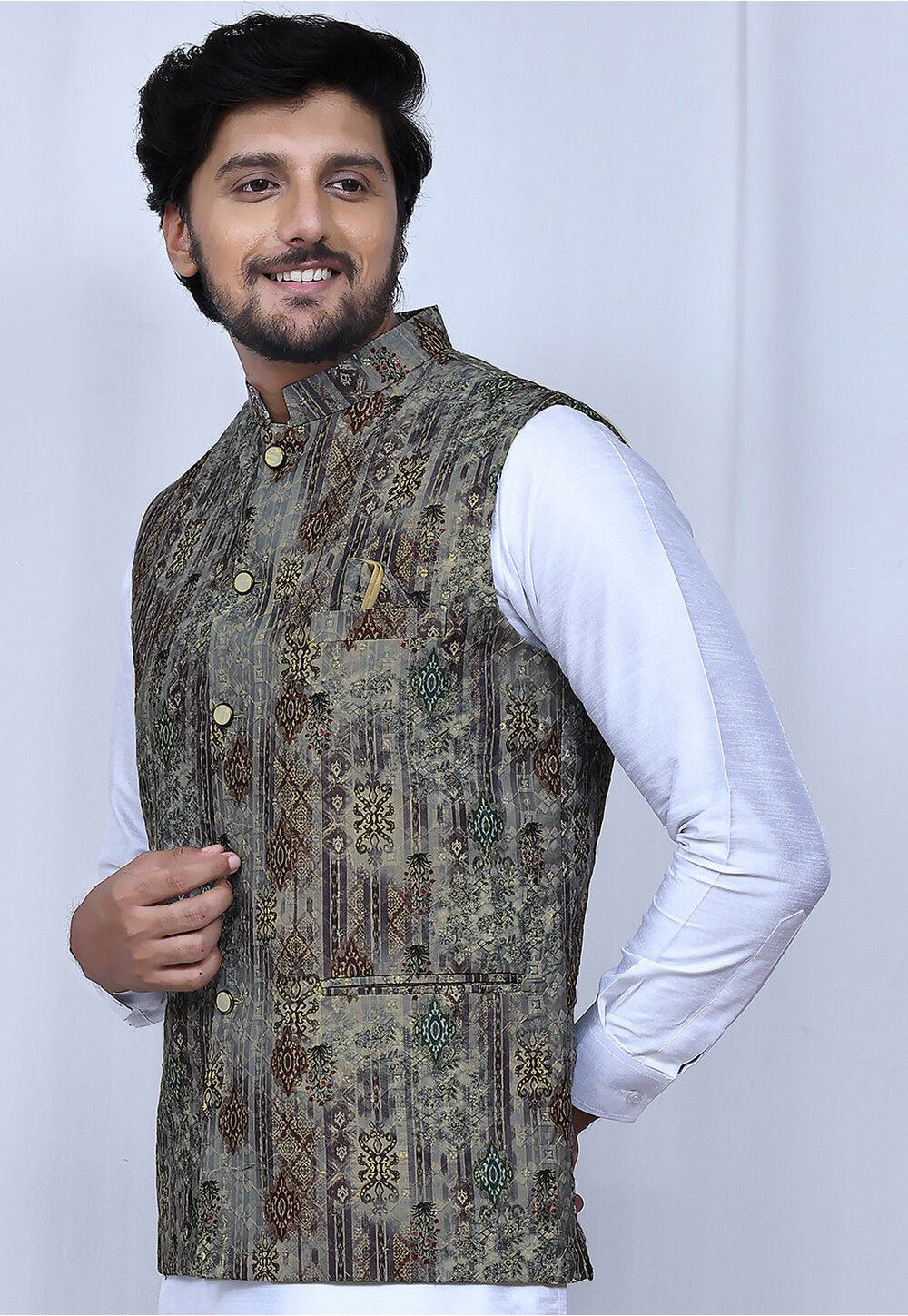Buy Embroidered Silk Nehru Jacket in Grey Online : MTX2942 - Utsav Fashion