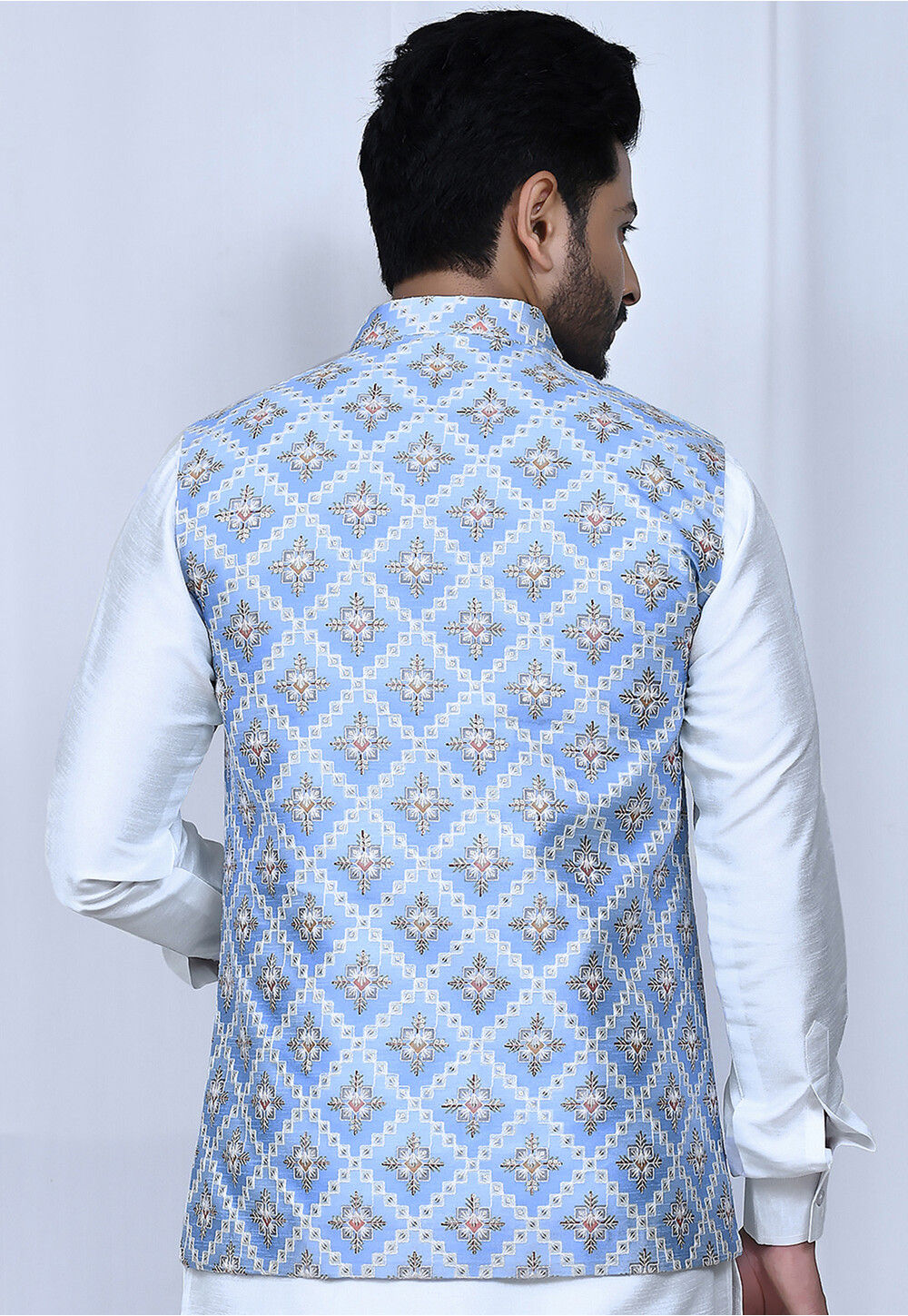 Buy Embroidered Silk Nehru Jacket in Sky Blue Online : MTX2938 - Utsav ...