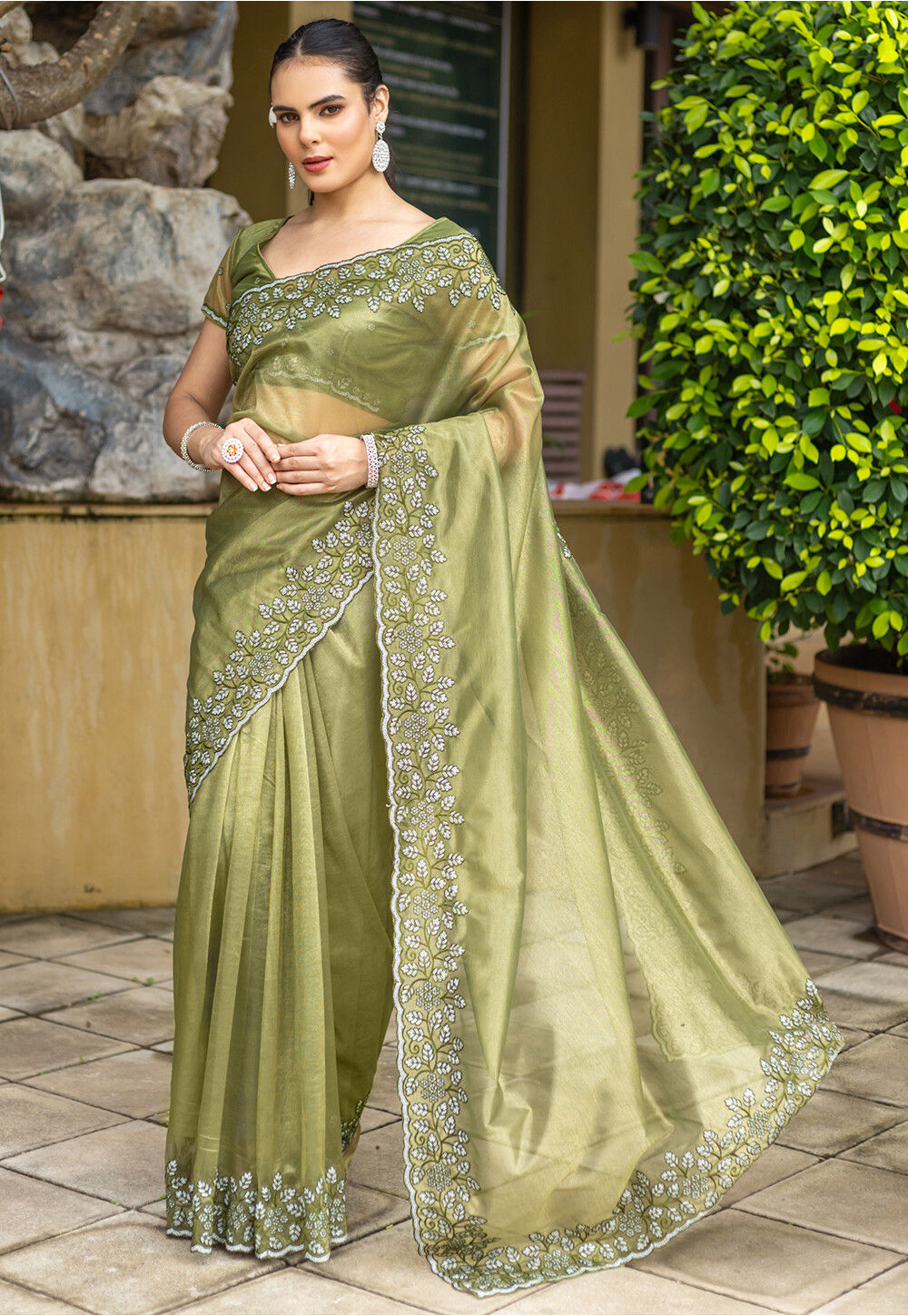 Buy Embroidered Super Net Scalloped Saree in Olive Green Online ...