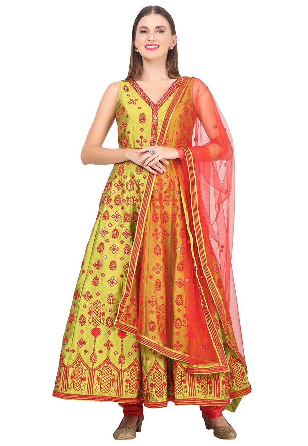 Buy Embroidered Taffeta Silk Anarkali Suit In Light Green Online