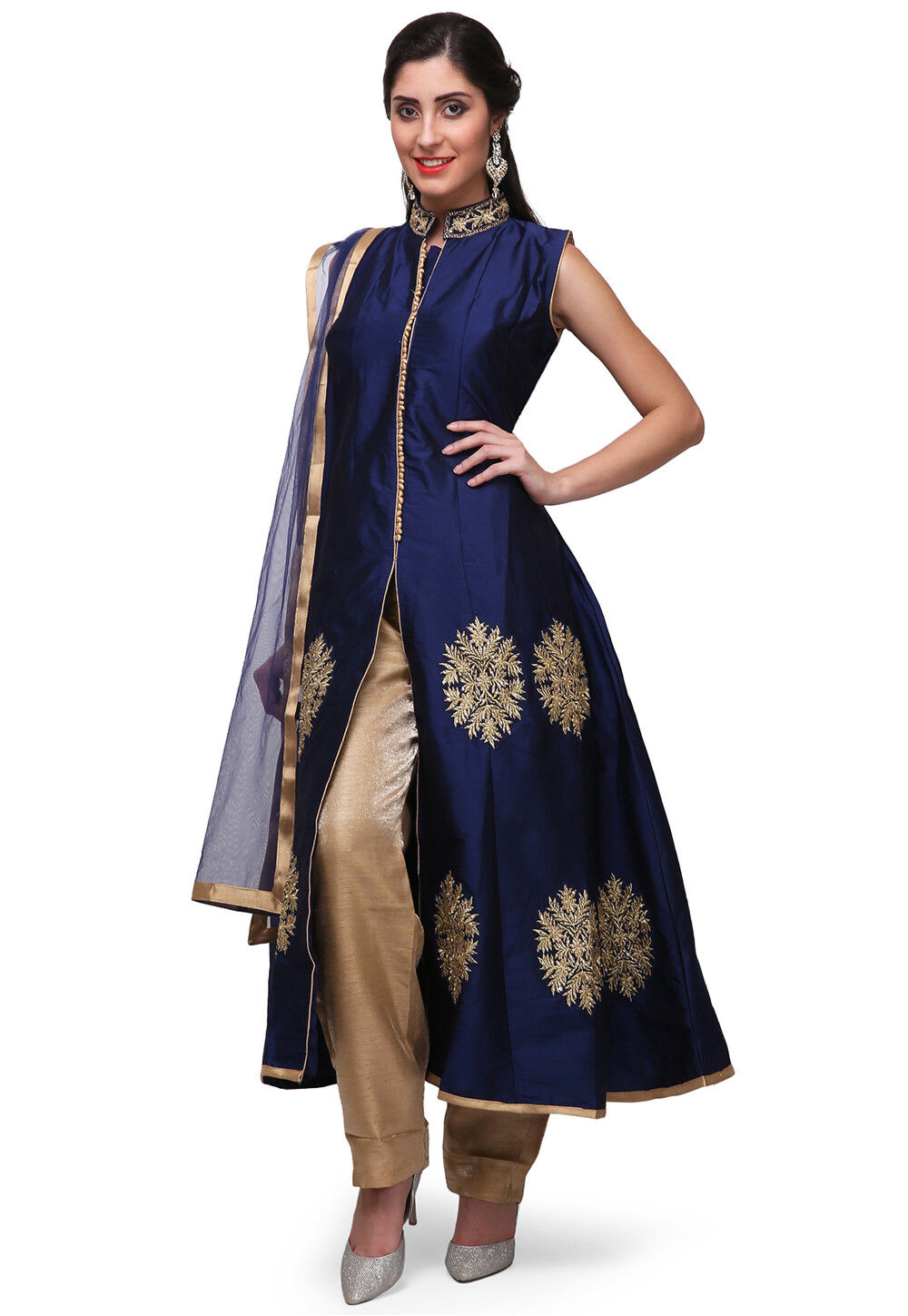 Buy Embroidered Taffeta Silk Front Slit Pakistani Suit in Dark Blue ...