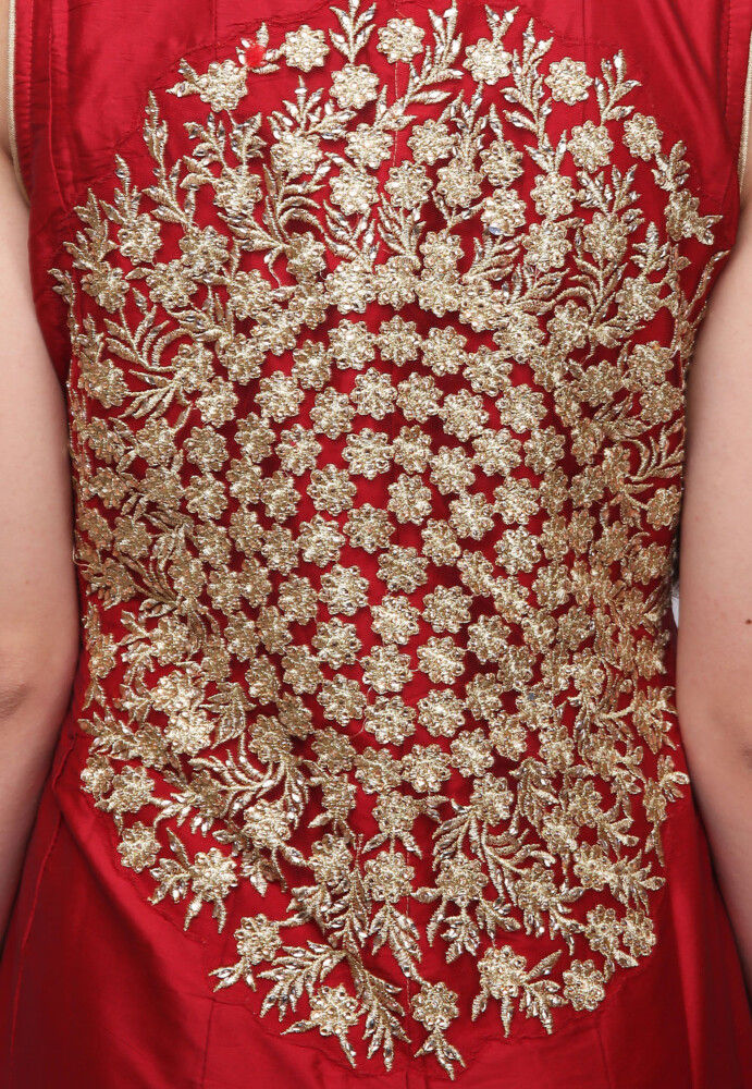 Buy Embroidered Taffeta Silk Front Slit Pakistani Suit in Red Online ...