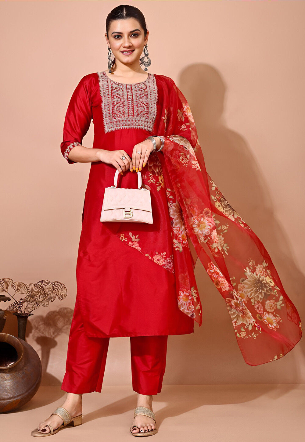Buy Embroidered Taffeta Silk Pakistani Suit in Red Online : KQU5066 ...
