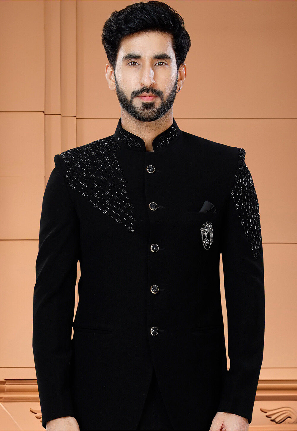 Buy Embroidered Terry Rayon Jodhpuri Suit in Black Online : MUY710 ...