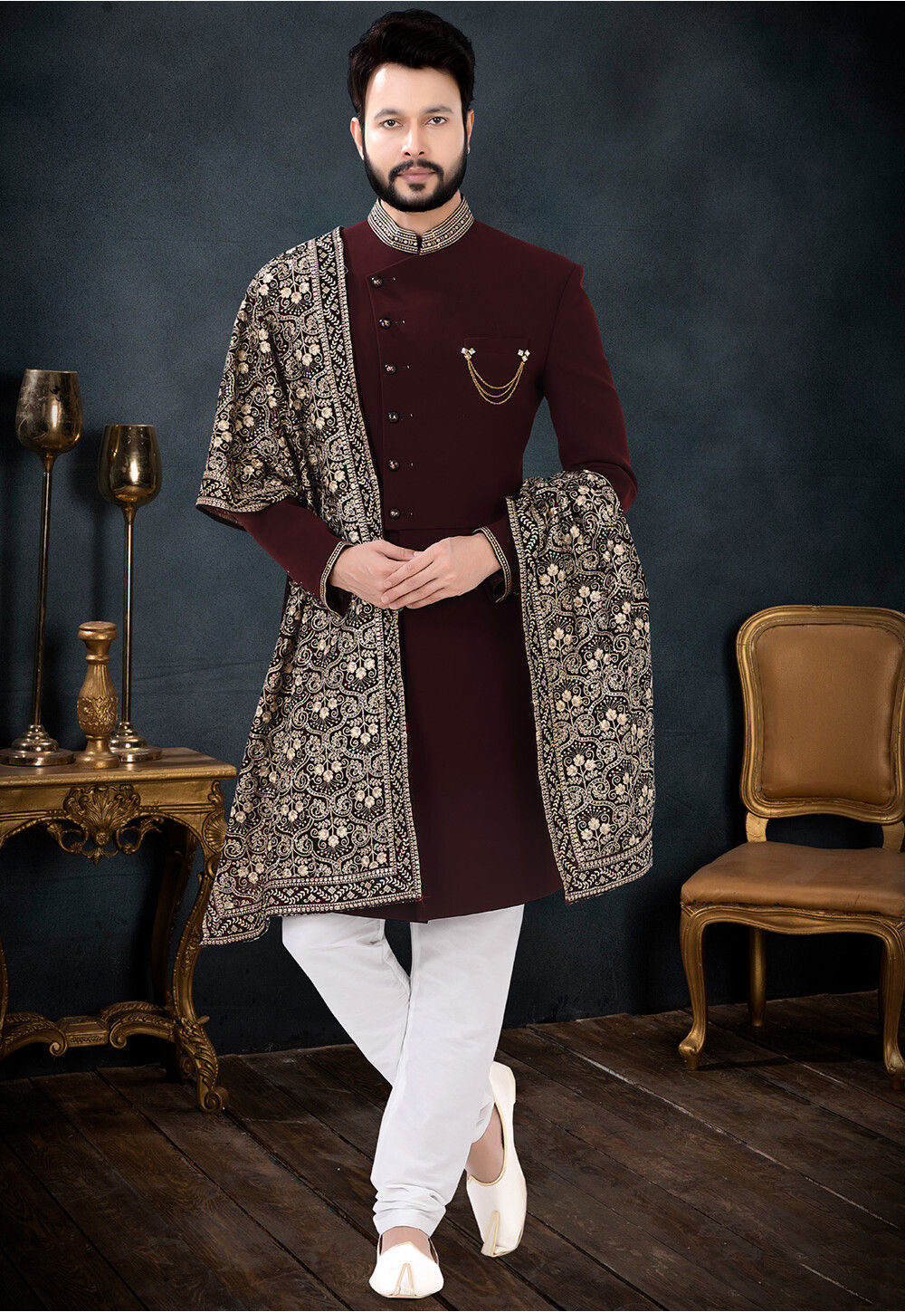Buy Embroidered Terry Rayon Sherwani in Maroon Online : MUY743 - Utsav ...