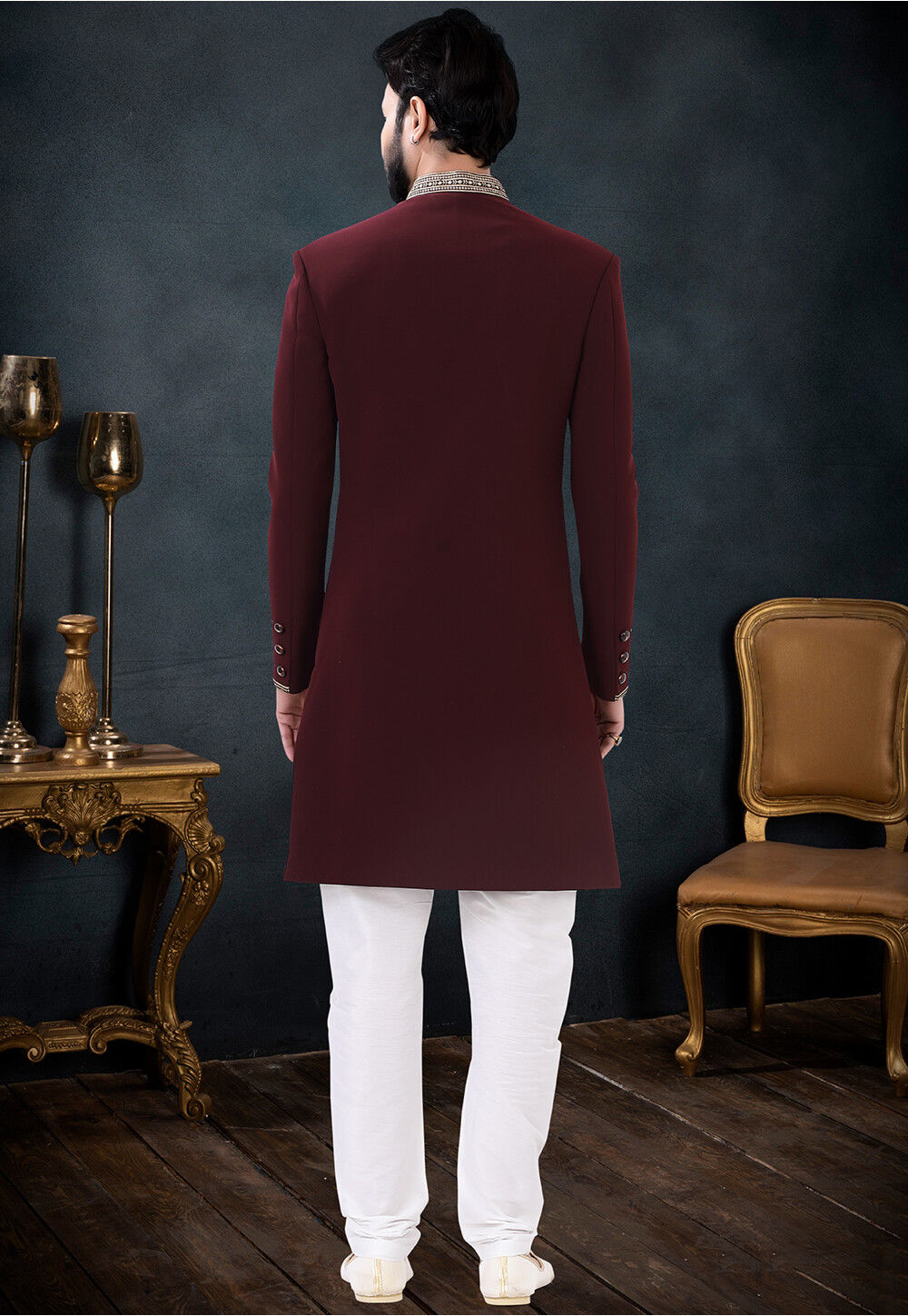 Buy Embroidered Terry Rayon Sherwani in Maroon Online : MUY743 - Utsav ...