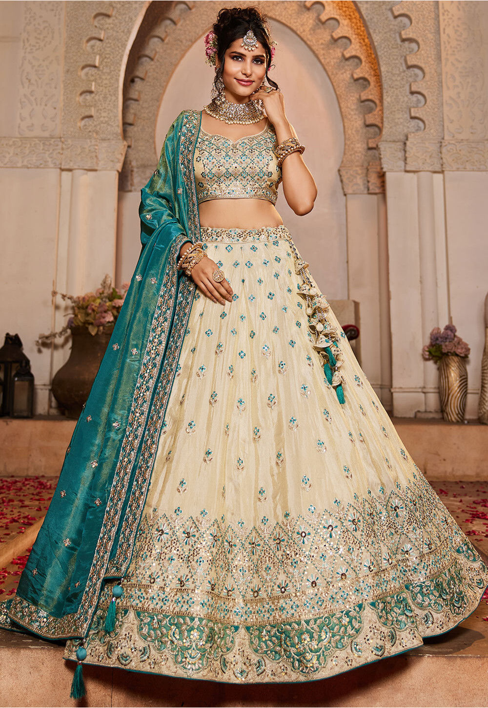 Buy Embroidered Tissue Lehenga in Beige Online : LUV149 - Utsav Fashion
