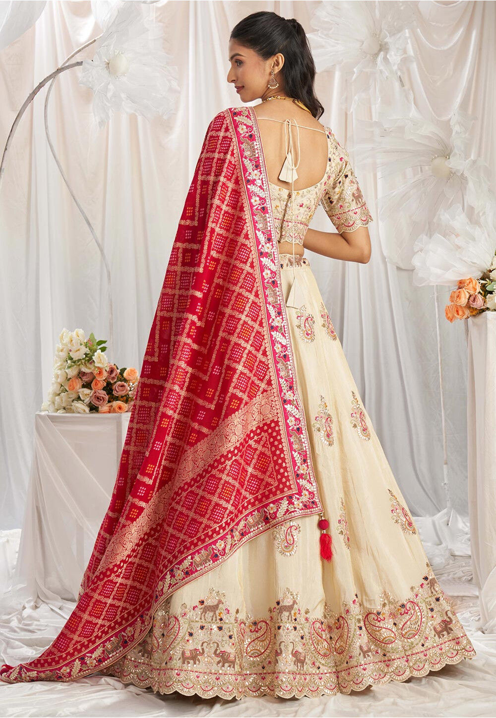 Buy Embroidered Tissue Lehenga in Cream Online : LBC2025 - Utsav Fashion