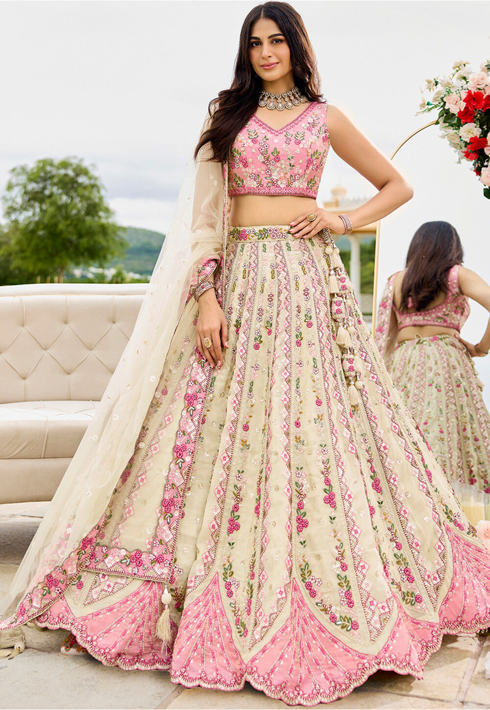 Buy Embroidered Tissue Lehenga in Cream Online : LCZ653 - Utsav Fashion