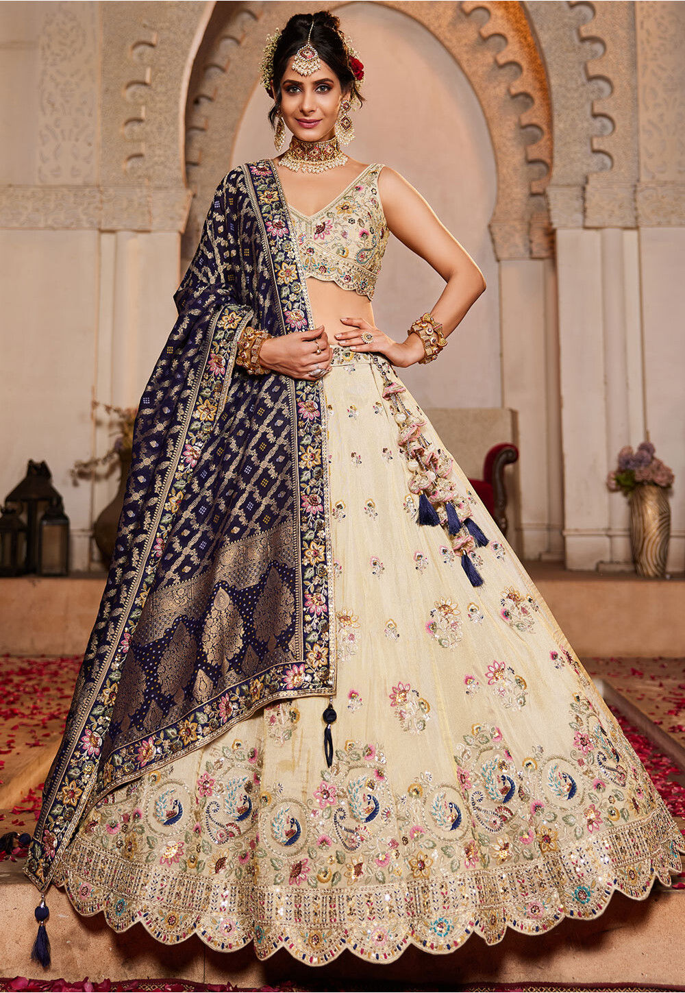 Buy Embroidered Tissue Lehenga in Light Beige Online : LUV144 - Utsav ...